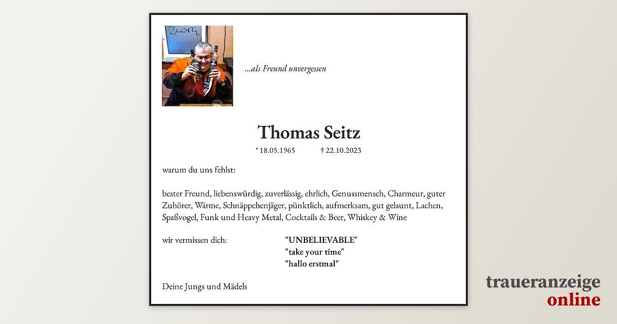 Traueranzeige Thomas Seitz – traueranzeigeonline.de