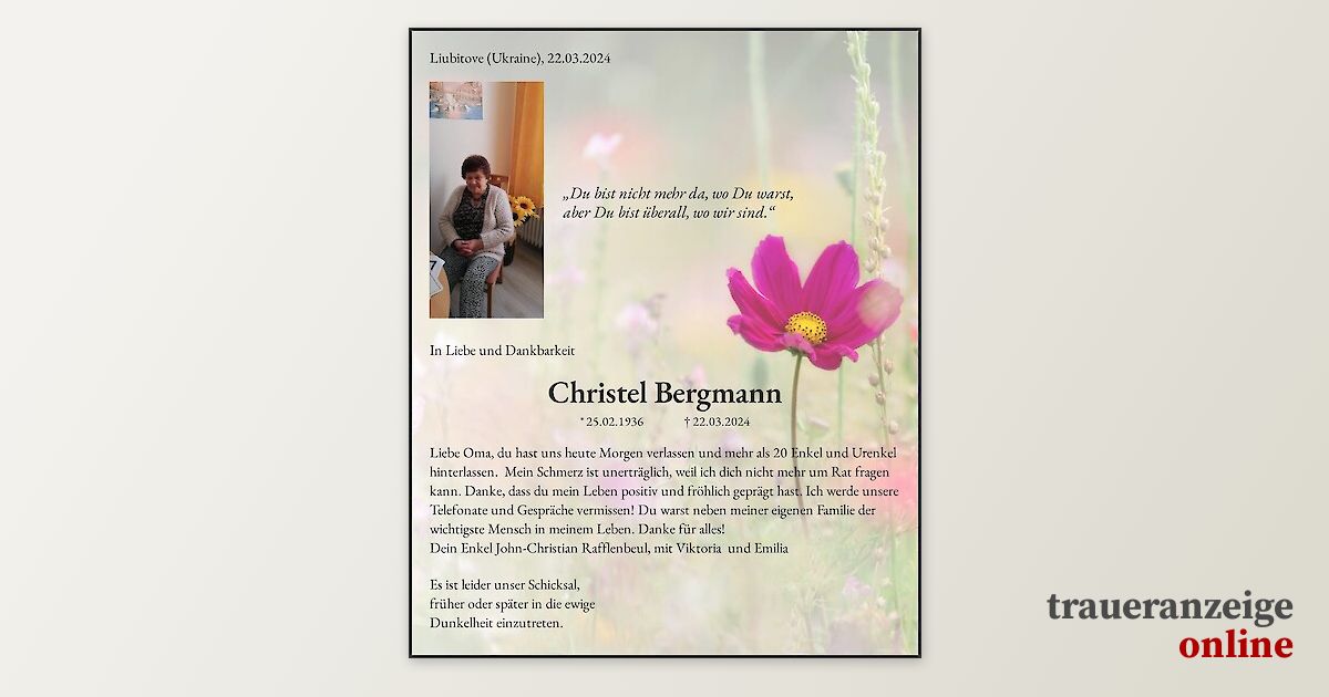 Obituary Christel Bergmann, Schwelm – traueranzeigeonline.de