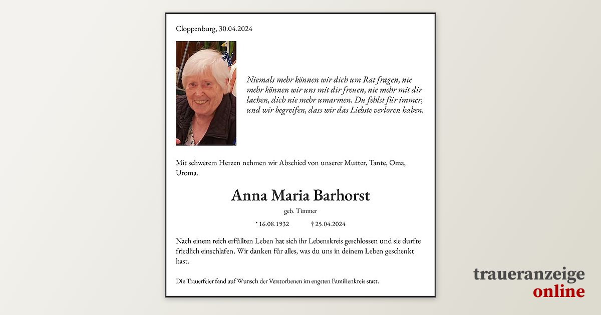 Obituary Anna Maria Barhorst, Cloppenburg