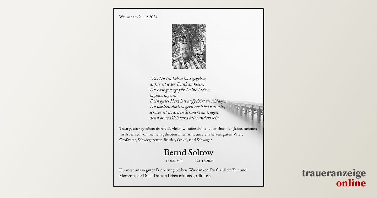Obituary Bernd Soltow, Wismar – traueranzeigeonline.de