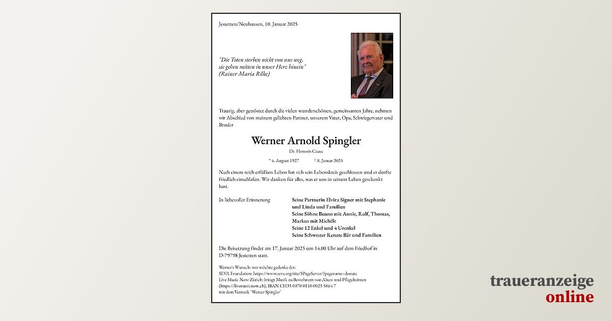 Obituary Werner Arnold Spingler – traueranzeigeonline.de