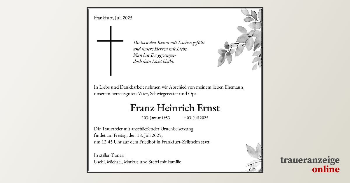 Traueranzeige Franz Heinrich Ernst – traueranzeigeonline.de
