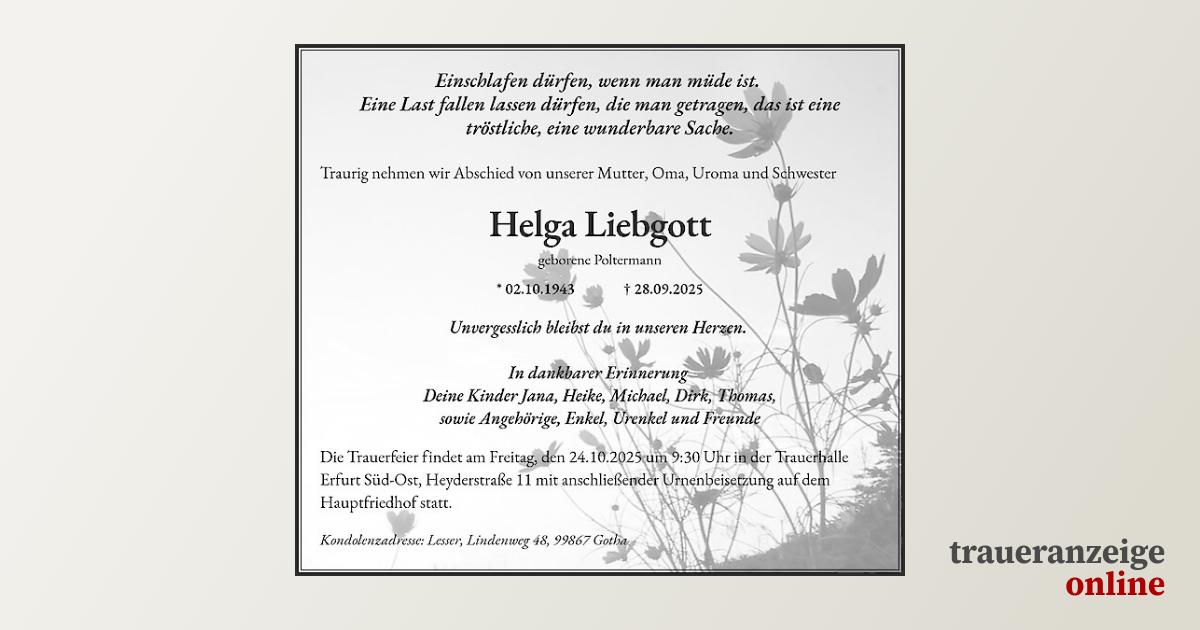Traueranzeige Helga Liebgott – traueranzeigeonline.de