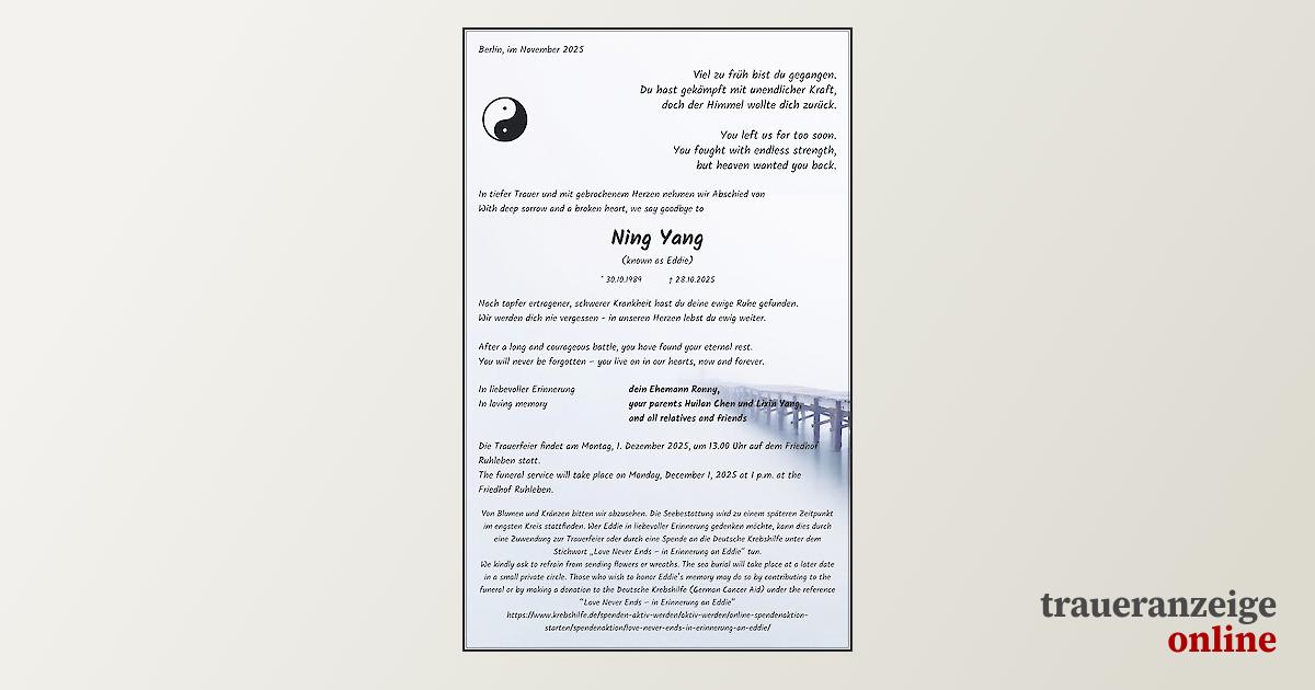 Traueranzeige Ning Yang, Berlin – traueranzeigeonline.de