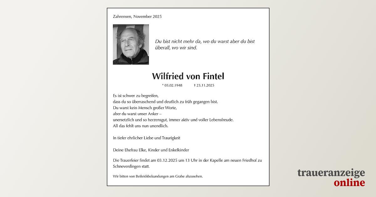 Traueranzeige Wilfried von Fintel, Zahrensen