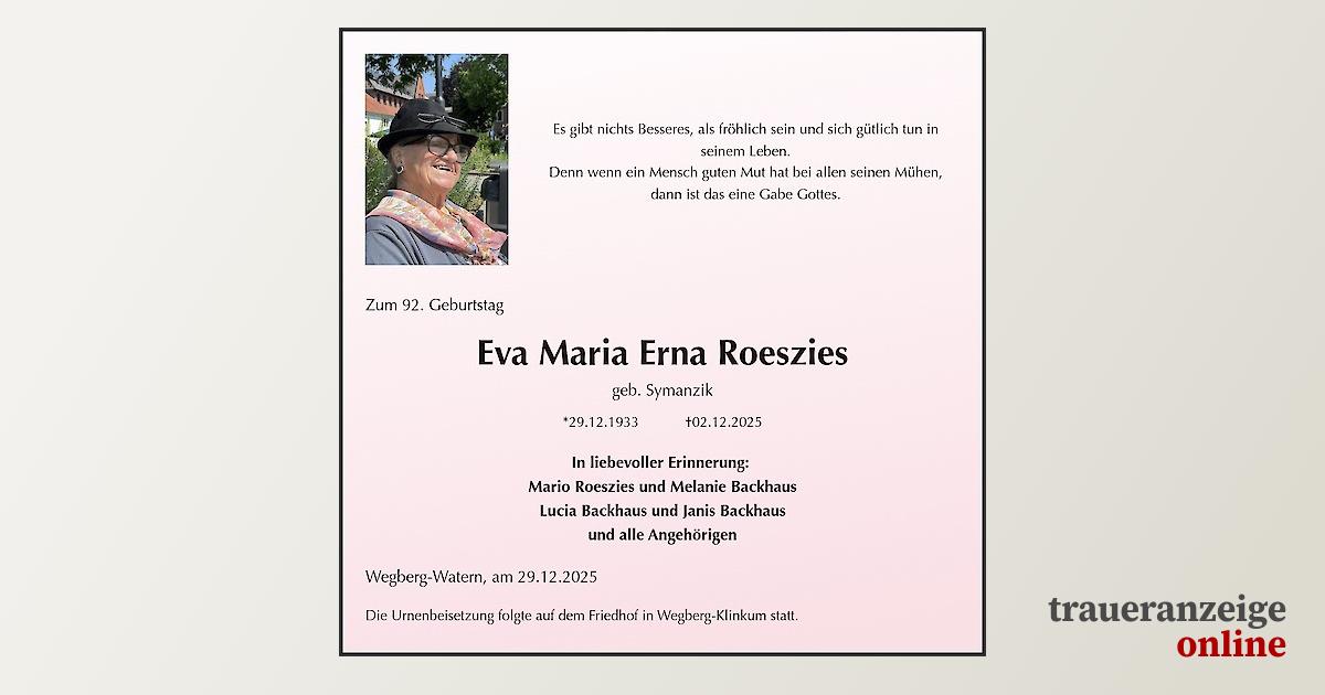 Traueranzeige Eva Maria Erna Roeszies, Wegberg