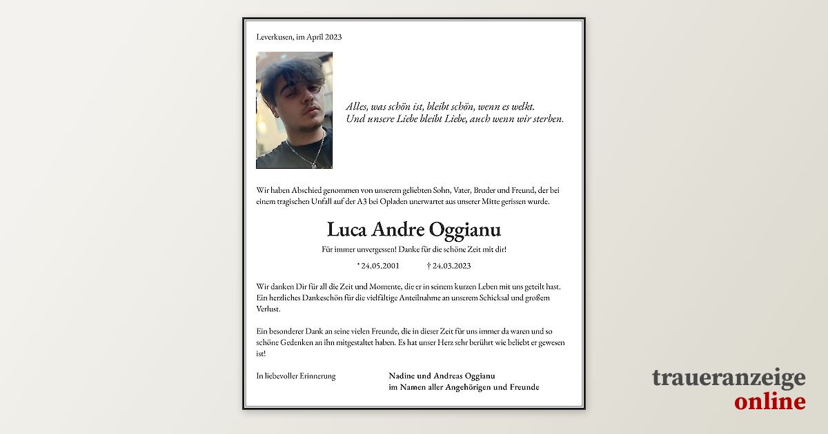 Danksagung Luca Andre Oggianu, Leverkusen